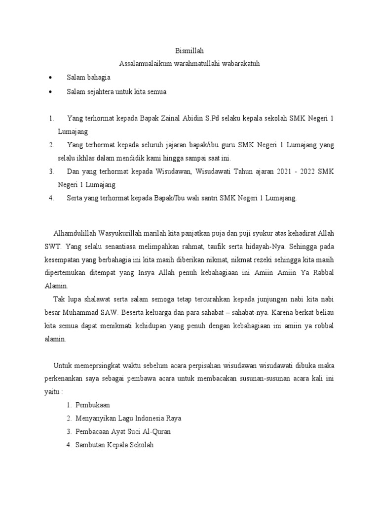 Teks MC Wisuda SMK Negeri 1 Lumajang | PDF | Agama & Spiritualitas