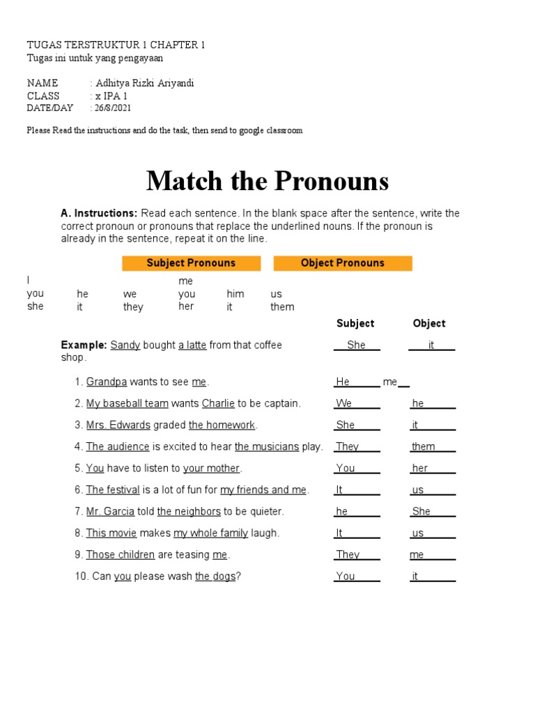 Match The Pronouns: A. Instructions: Read Each Sentence. in The Blank ...