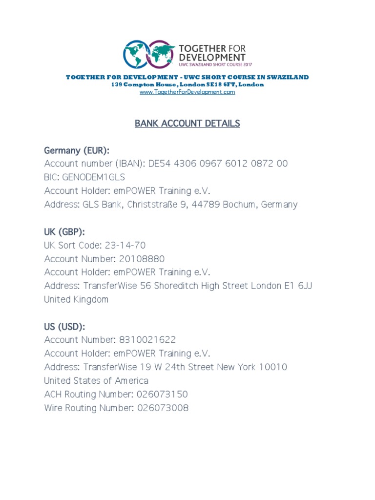 UWC Swaziland Course Payment Details | PDF