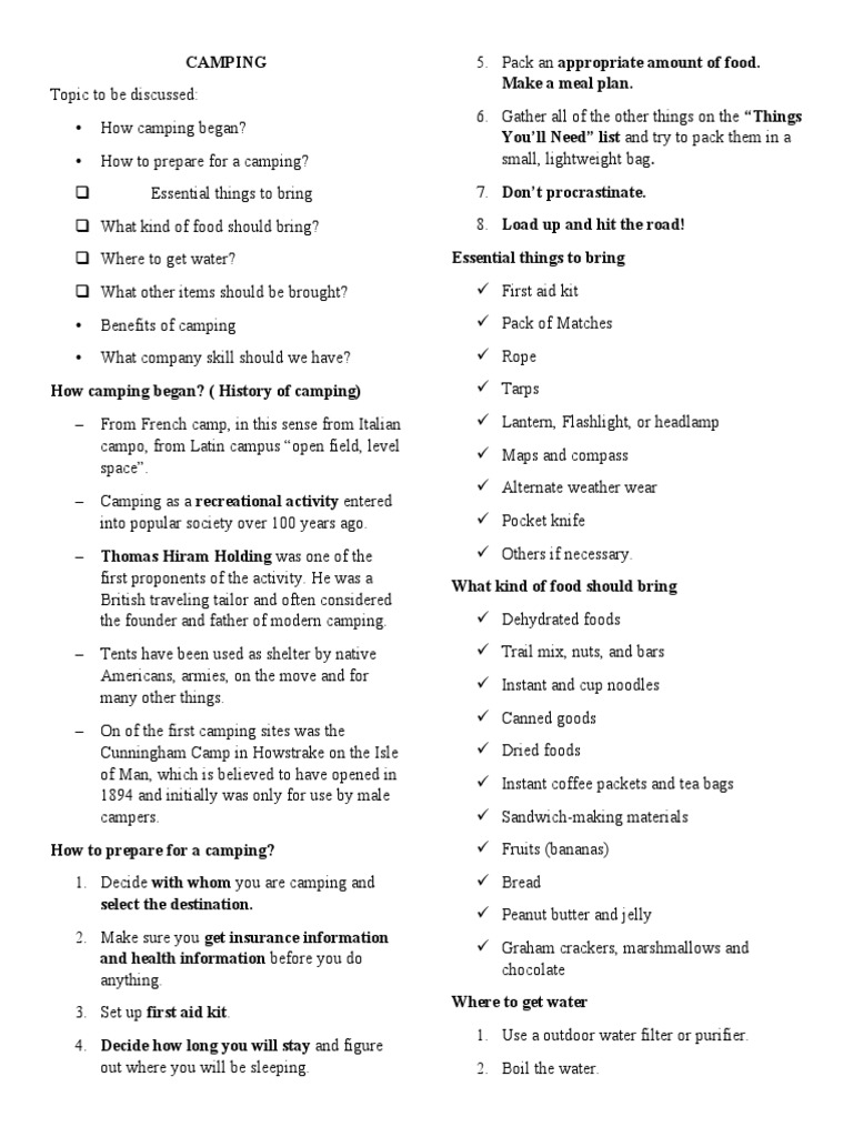 CAMPING. Handout. Group2 | PDF | Camping | Hobbies