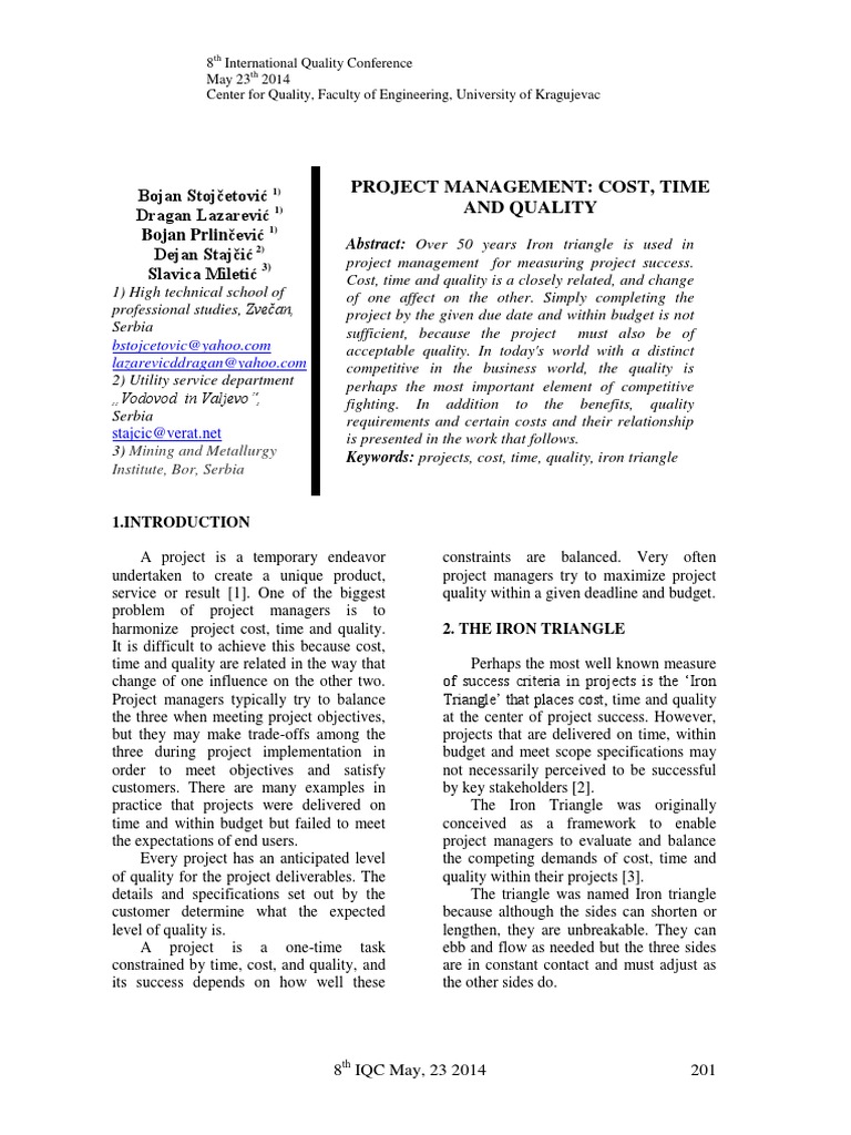 Project Management Cost Time and Quality | PDF | Profit (Economics ...
