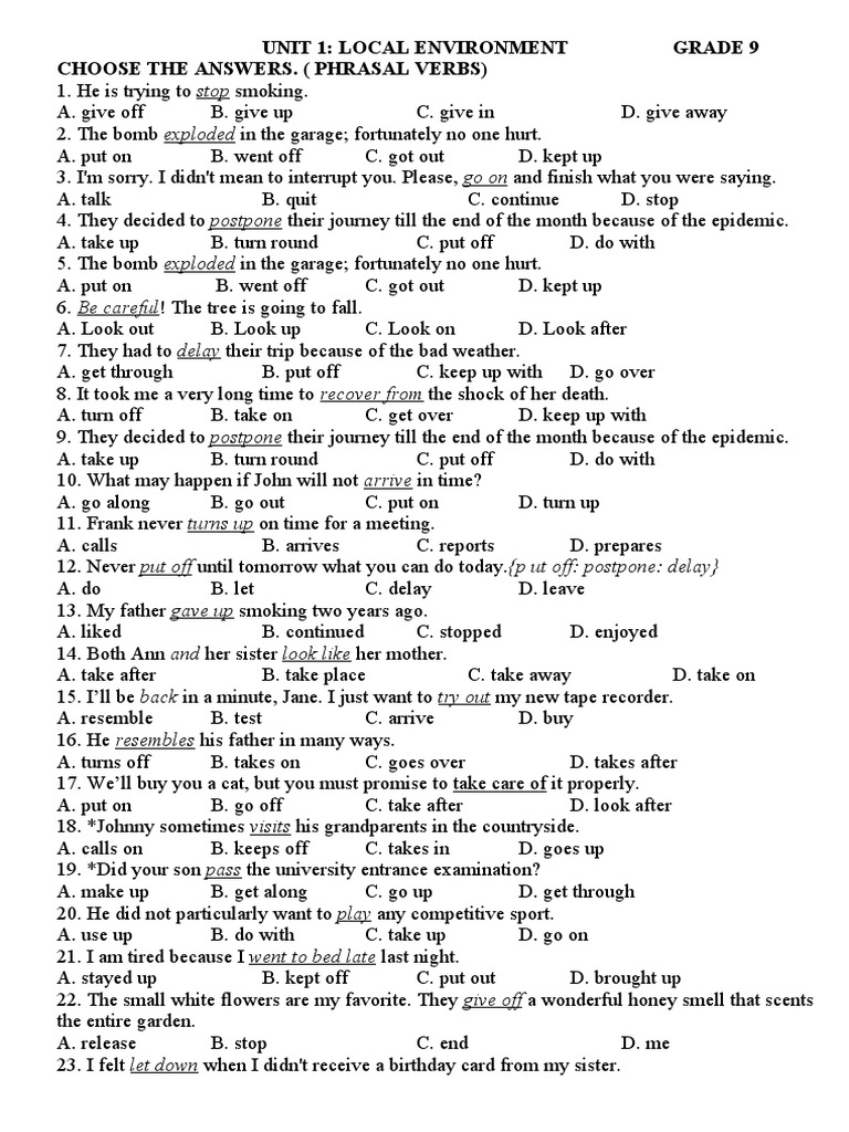 Unit 1: Local Environment Grade 9 Choose The Answers. (Phrasal Verbs) | PDF