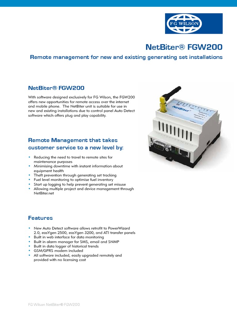 Netbiter® Fgw200: Remote Management For New and Existing Generating Set ...