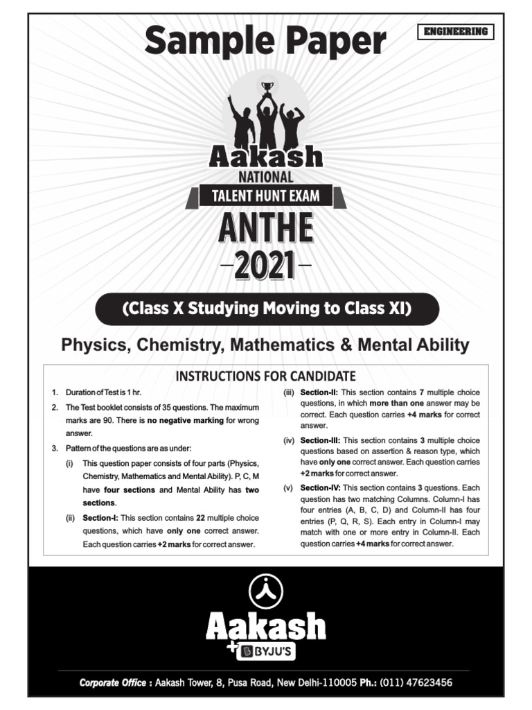 ANTHE - 2021 - Engg - Sample Paper - (FS-X Moving XI) | PDF | Prism ...