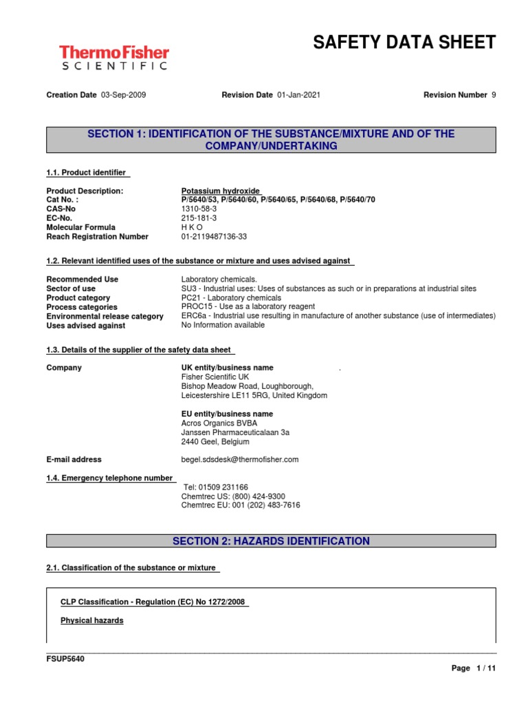 Safety Data Sheet for Corrosive Potassium Hydroxide | PDF | Personal ...