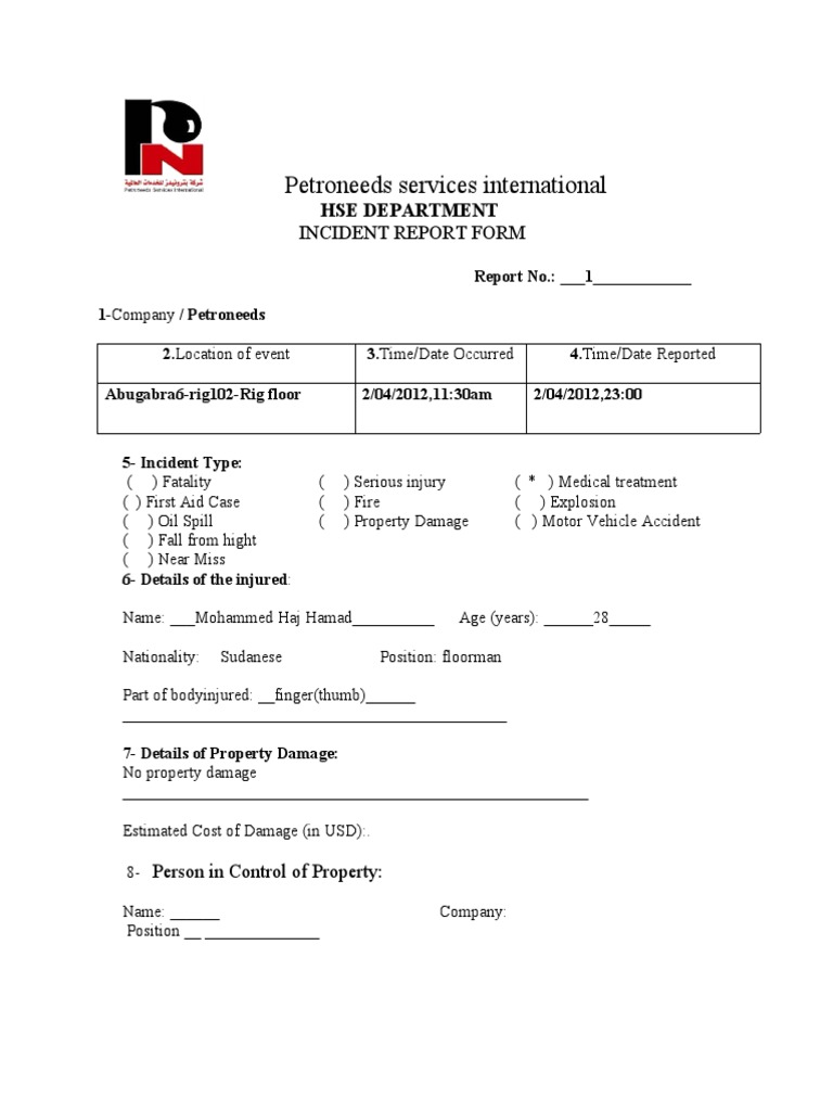 Petroneeds Services International: Incident Report Form | PDF