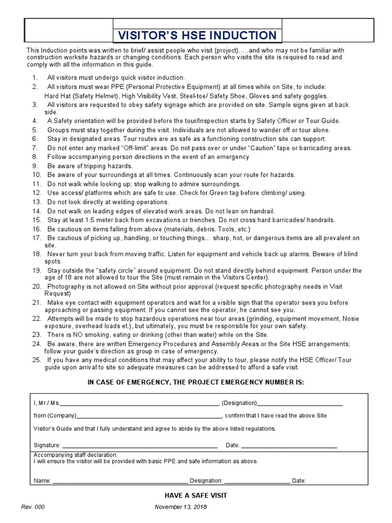 Visitor HSE Induction Guide | PDF | Personal Protective Equipment | Safety