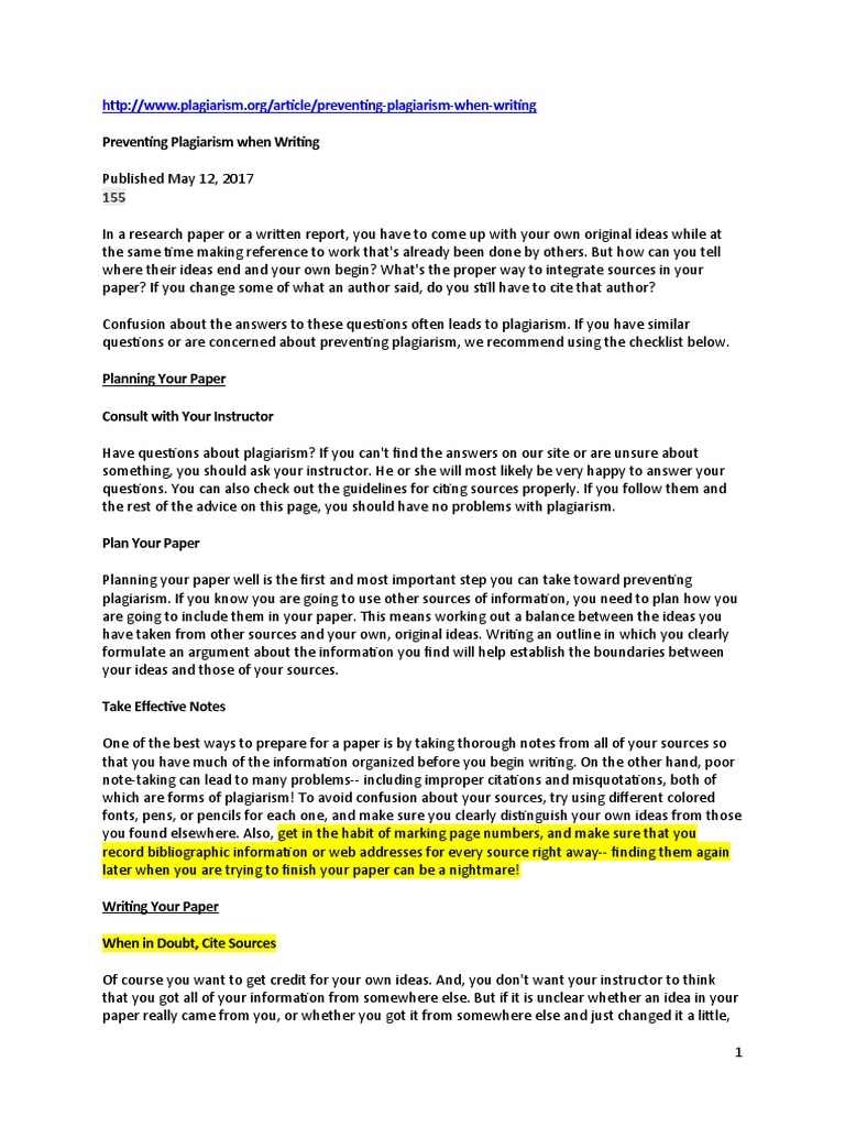 Prevent Plagiarism in Writing | PDF