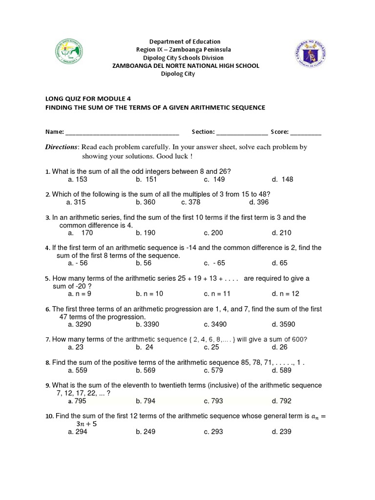 Long Quiz For Module 4 Finding The Sum of The Terms of A Given Arithmetic Sequence | Download ...
