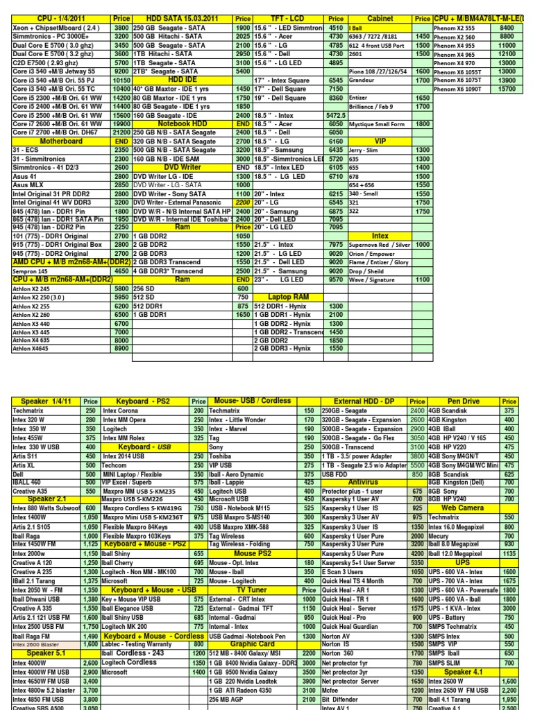 Computer Hardware Price List 2011 | PDF | Laptop | Usb