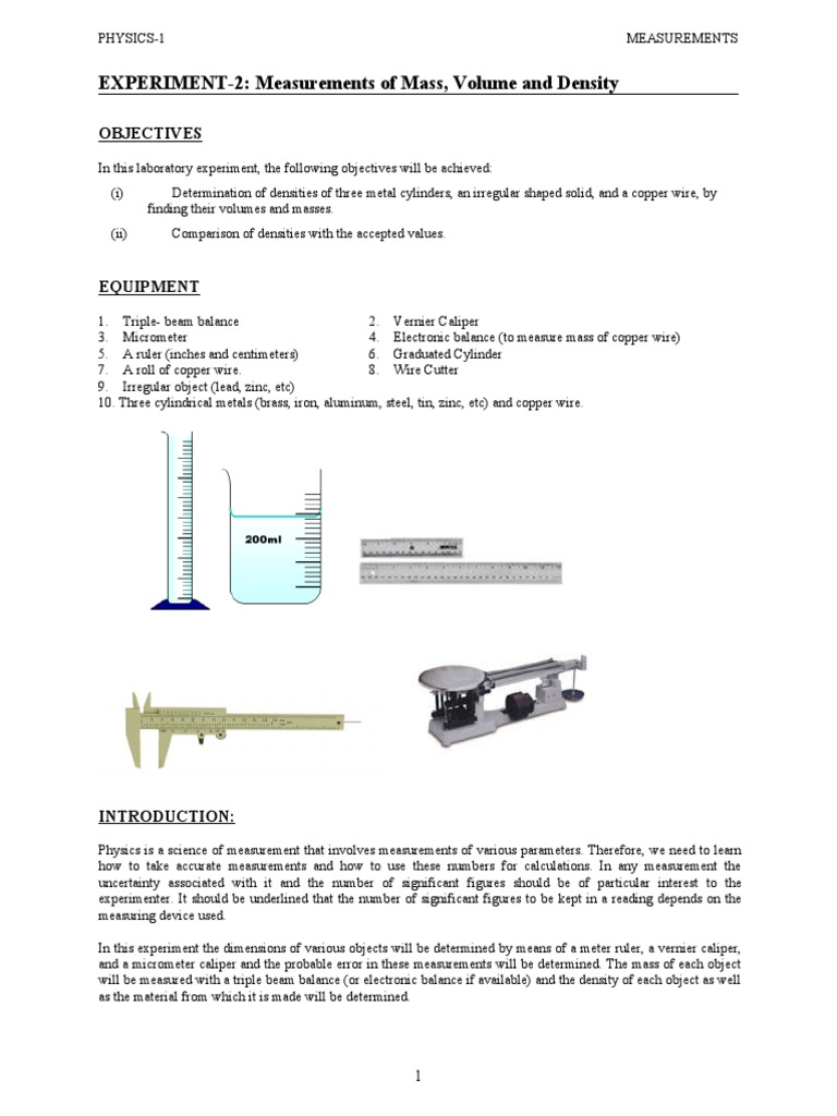 EXPERIMENT-2: Measurements of Mass, Volume and Density: Objectives | PDF | Density | Volume