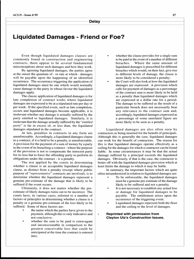 Acln Liquidated Damages Clauses Explained Pdf Liquidated Damages