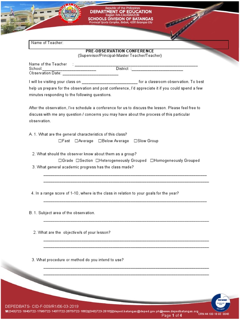 Preparing for Observation: A Pre-Observation Conference Form | PDF ...