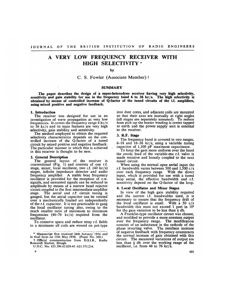A Very Low Frequency Receiver With High Selectivity : C. S. Fowler ...