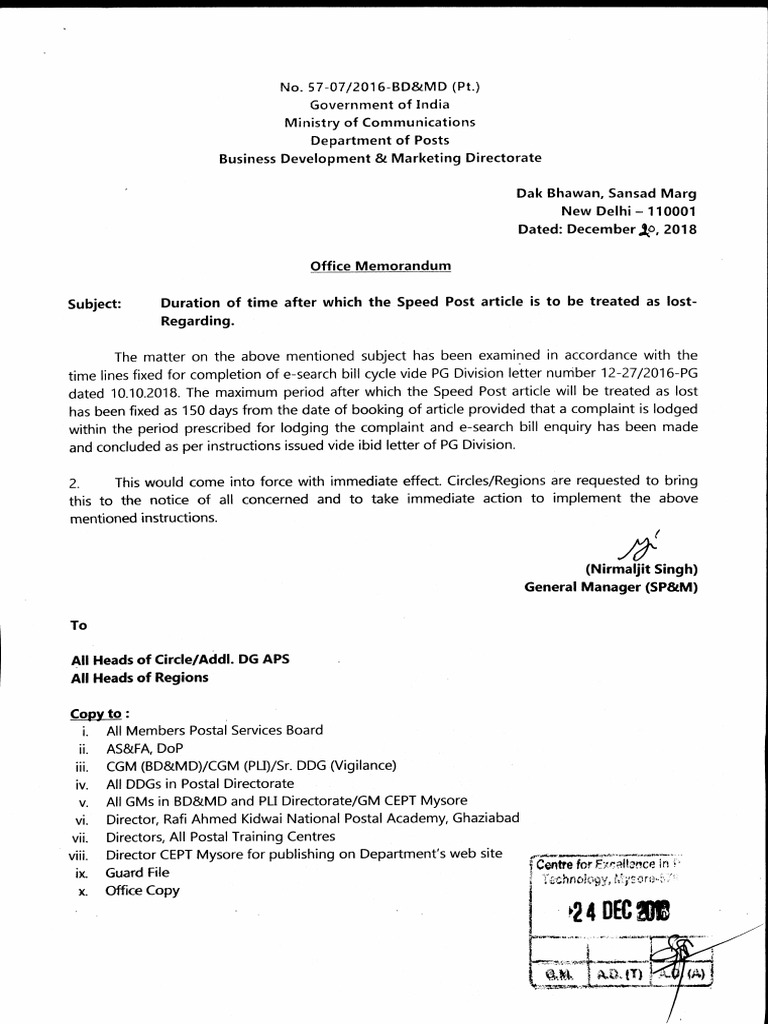 Circulars SPeed Post Article Lost | PDF | Government Institutions ...
