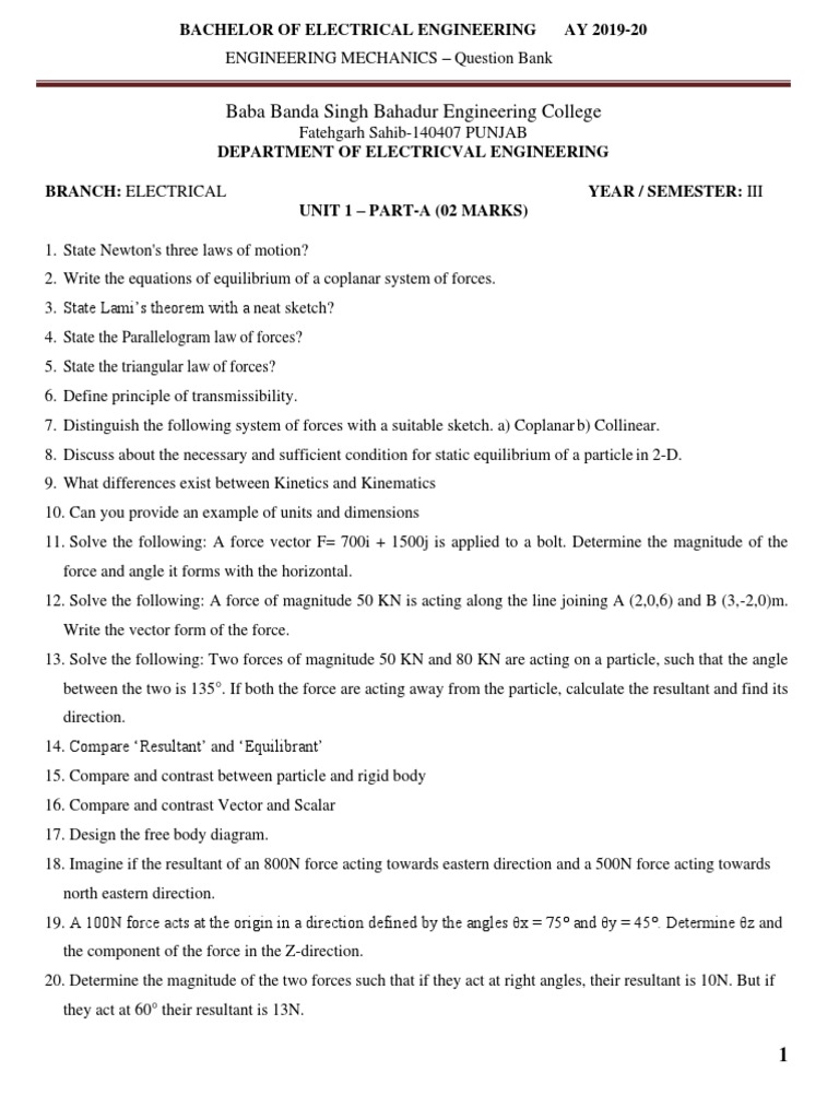 BEng Electrical Engineering Question Bank | PDF | Friction | Force