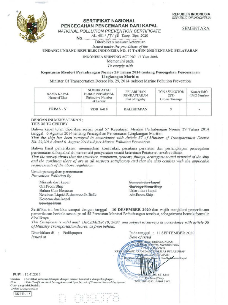 Sertifikat Nasional Pencegahan Pencemaran Kapal - Prima V | PDF