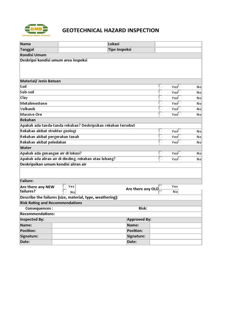 Geotechnical Hazard Inspection: Yes No Yes No Yes No Yes No Yes No Yes ...