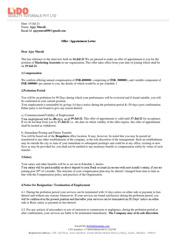 QTPL Offer Letter - MA Final Sign Request For Ajay Murali . | PDF ...