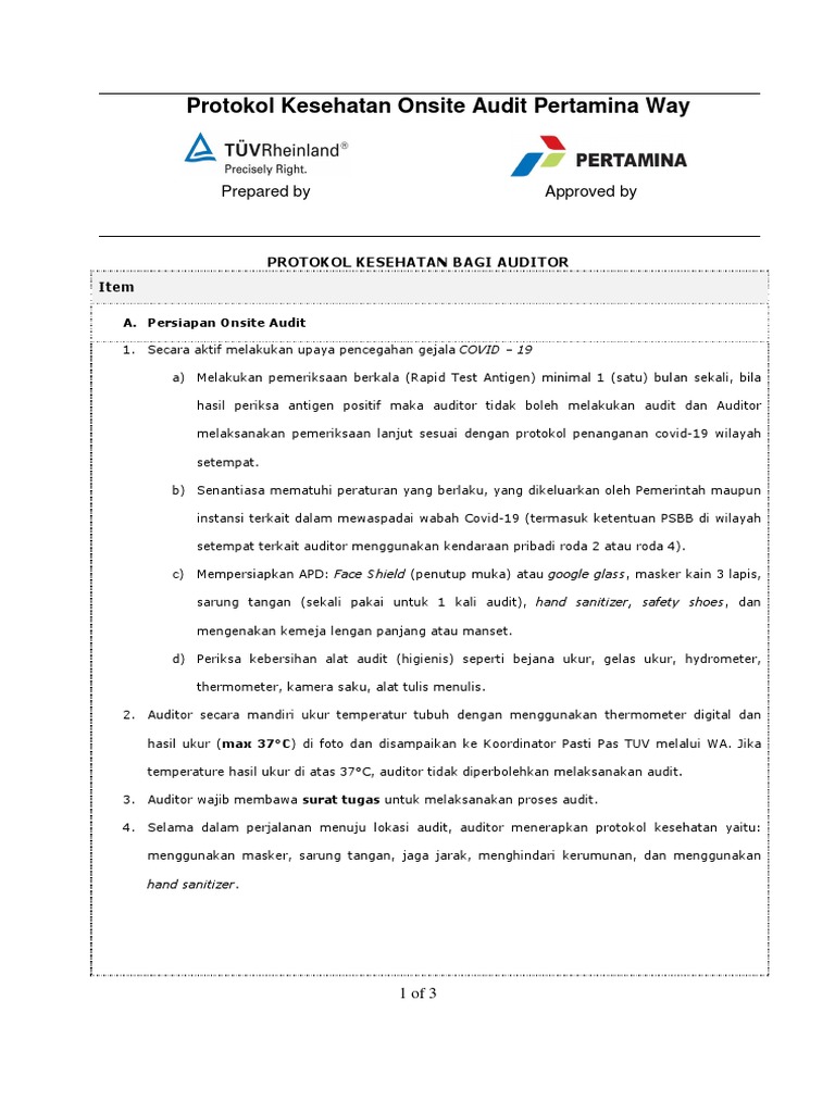 Protokol Kesahatan Onsite Audit SPBU Pertamina (Update 30 Juli 2021) | PDF