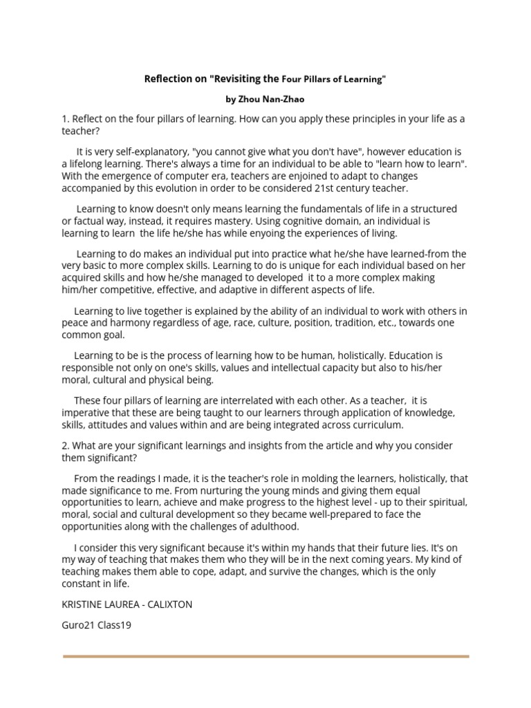 Reflection - Four Pillars of Learning | PDF | Learning | Teachers