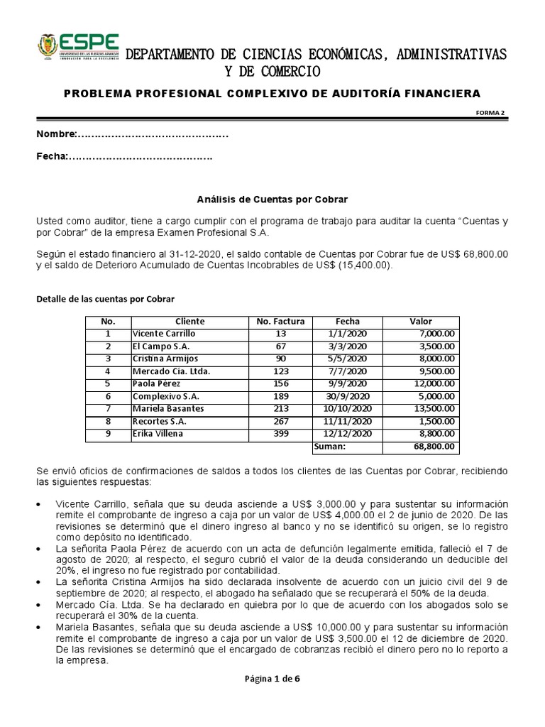 Ejercicio Profesional Auditoria Financiera Caso CXC | PDF | Auditoría | Servicios financieros