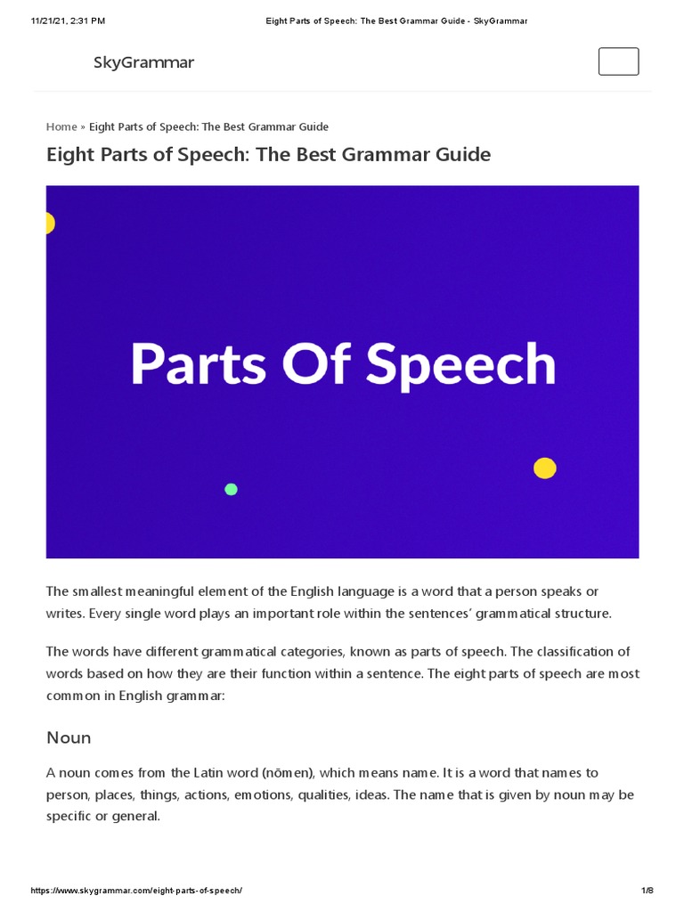 Eight Parts of Speech - The Best Grammar Guide - SkyGrammar | PDF ...