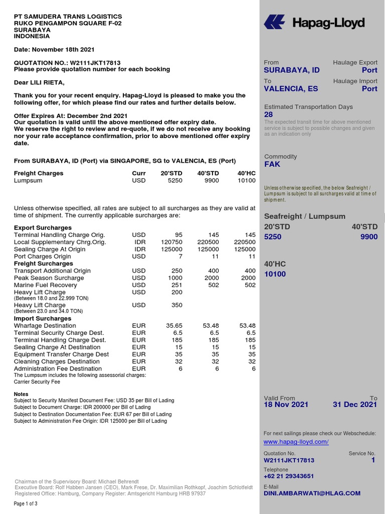 Quotation W2111JKT17813 | PDF | Cargo | Bill Of Lading