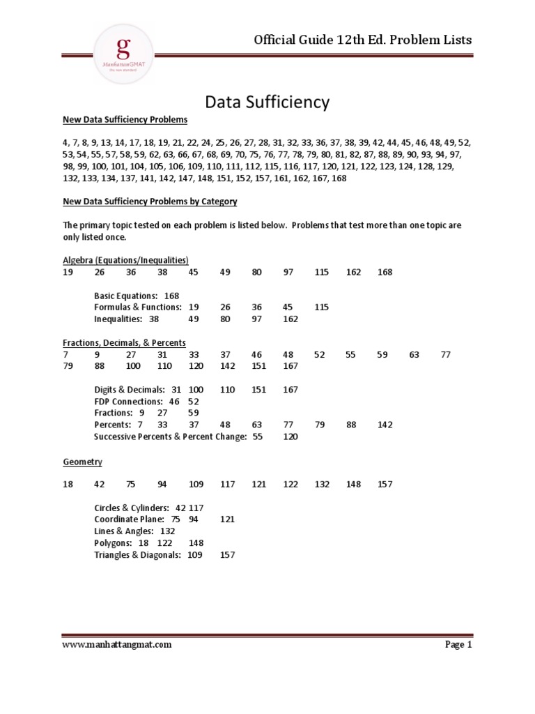 Data Sufficiency: Official Guide 12th Ed. Problem Lists | PDF | Numbers ...