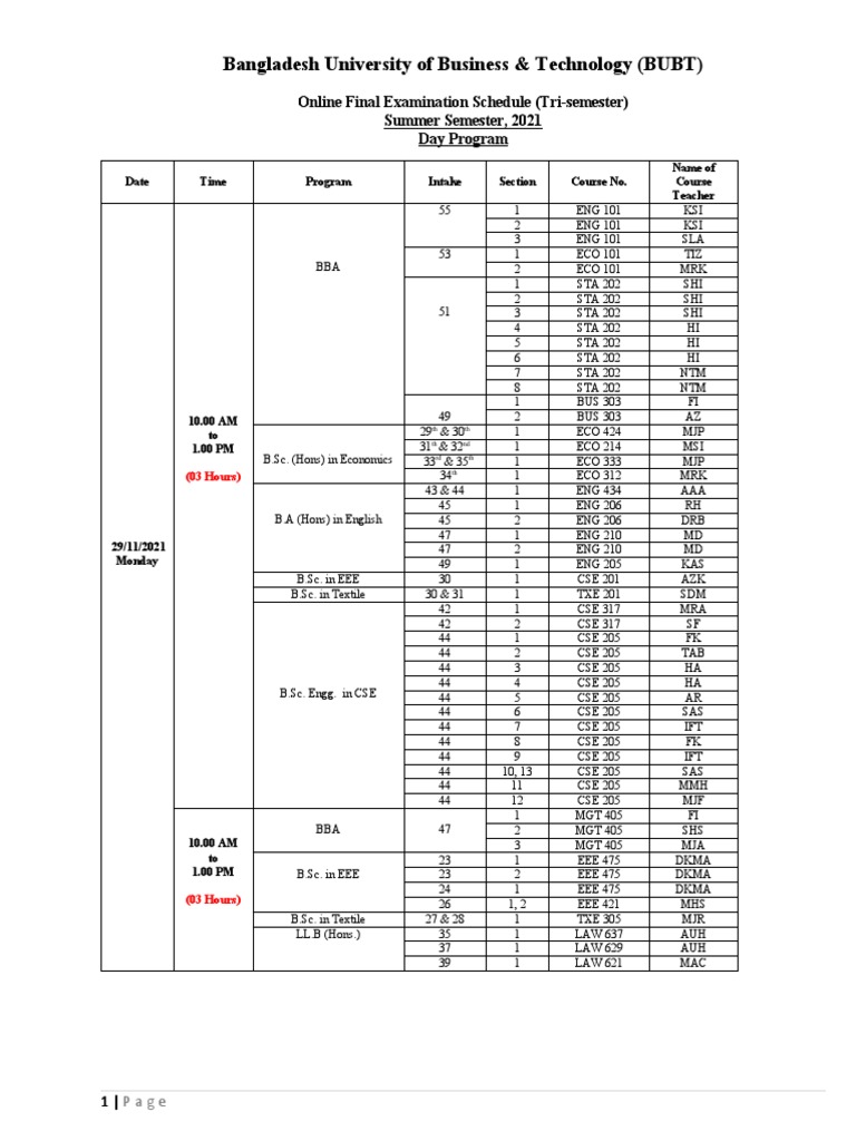 Semester Final Exam Schedule-Summer 2021 29 11 2021-Day Programs - Online Exam - Tri-Semester ...