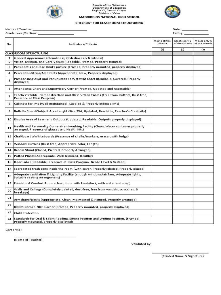 Classroom Structuring Checklist for Teachers | PDF | Classroom