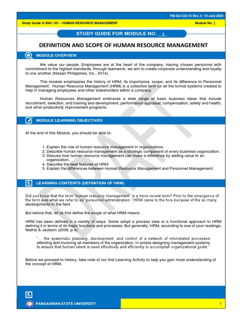 Definition and Scope of Human Resource Management: Study Guide For ...