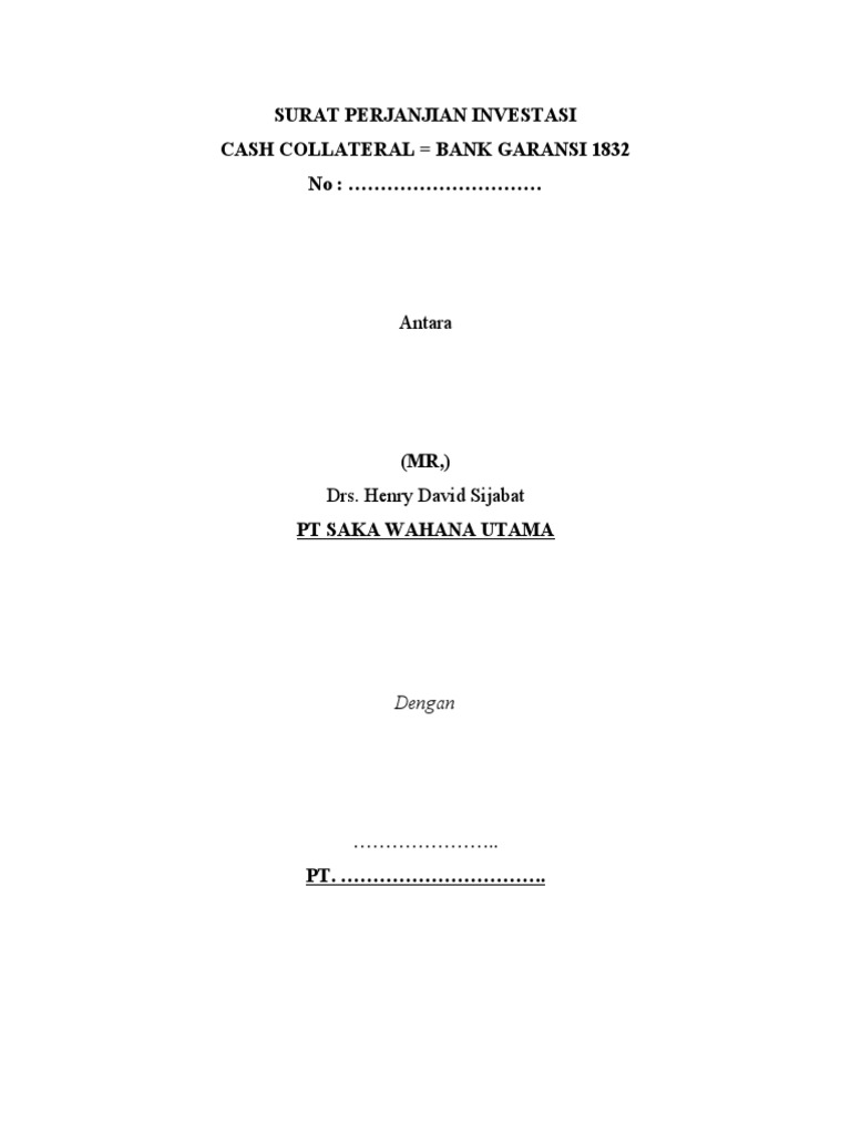 Surat Perjanjian Investasi Cash Collateral Bank Garansi 1832 No | PDF
