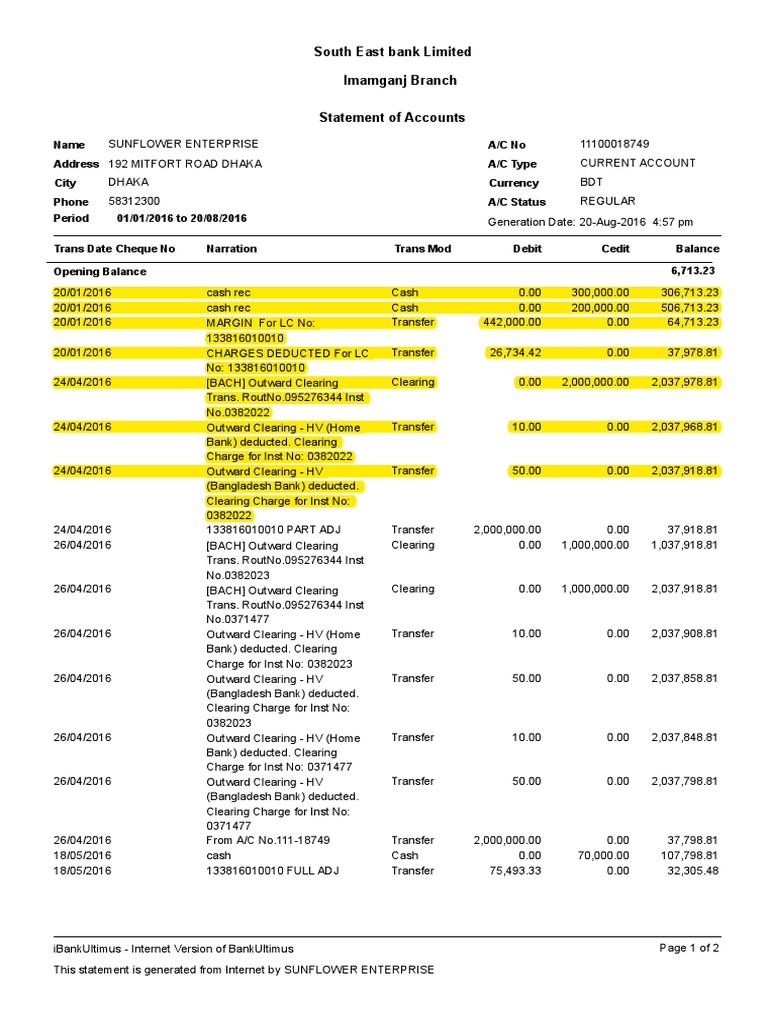 SEBL Sunflower Jan To 20th Aug | PDF | Debits And Credits | Transaction ...