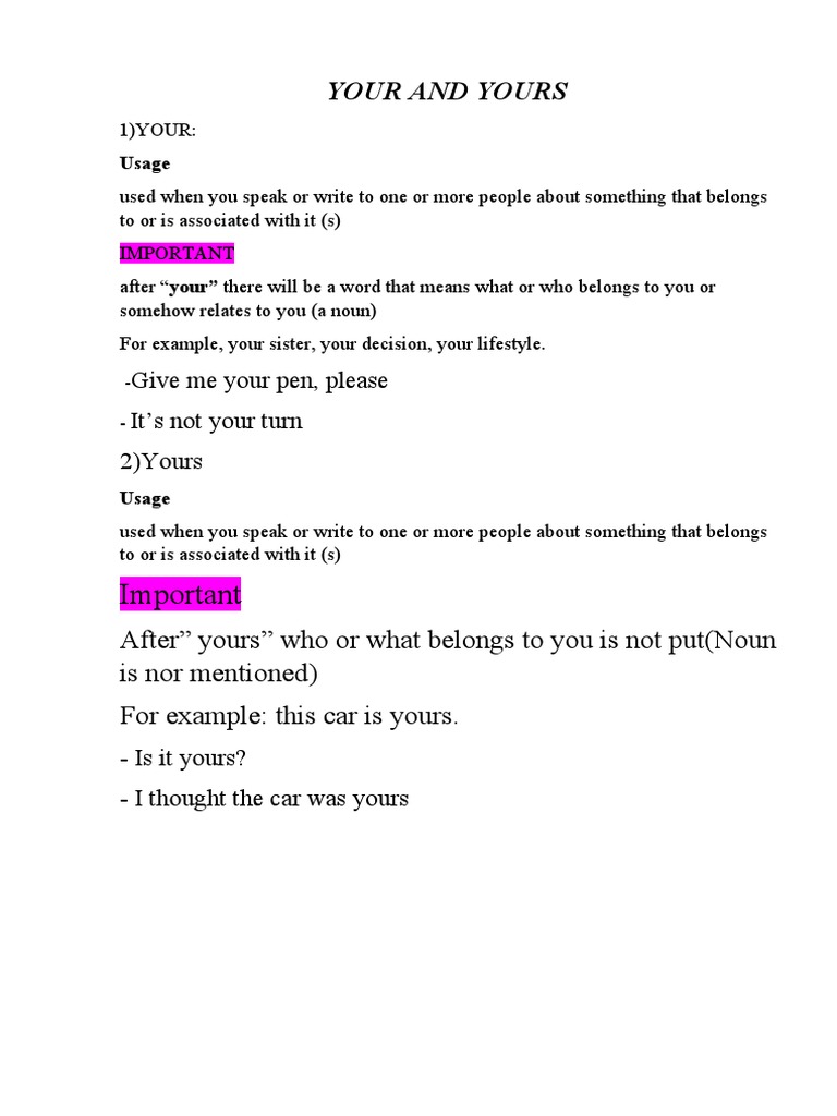 Grammar Guide: Your vs. Yours | PDF | Language Arts & Discipline