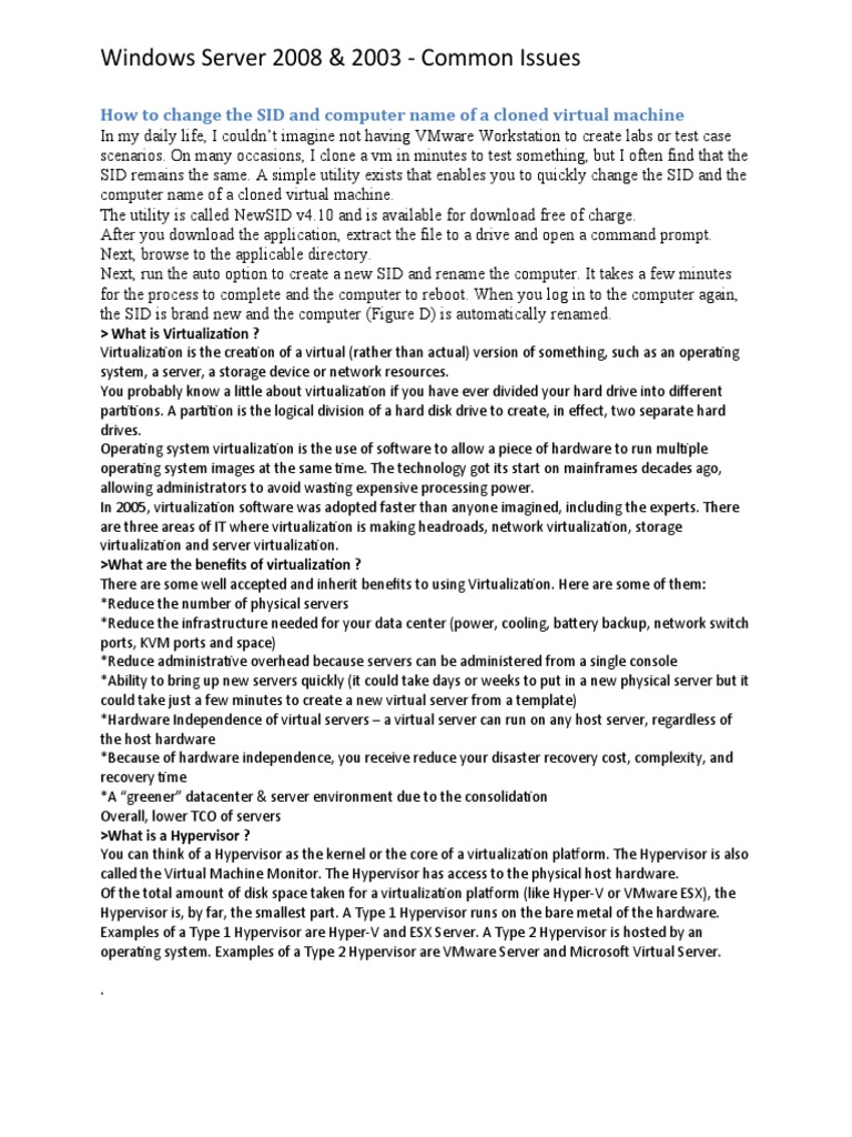 Windows Server 2008 & 2003 - Common Issues: How To Change The SID and Computer Name of A Cloned ...