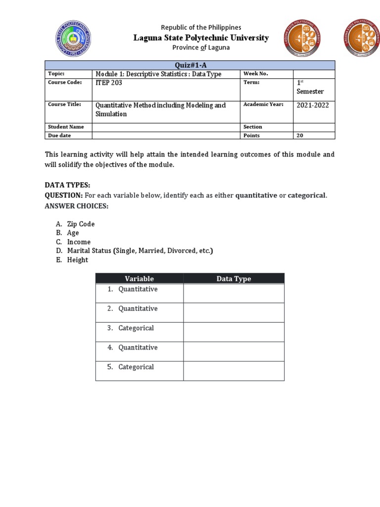 Module-1-Q1A-Descriptive Statistics I - Data Types | PDF | Categorical ...
