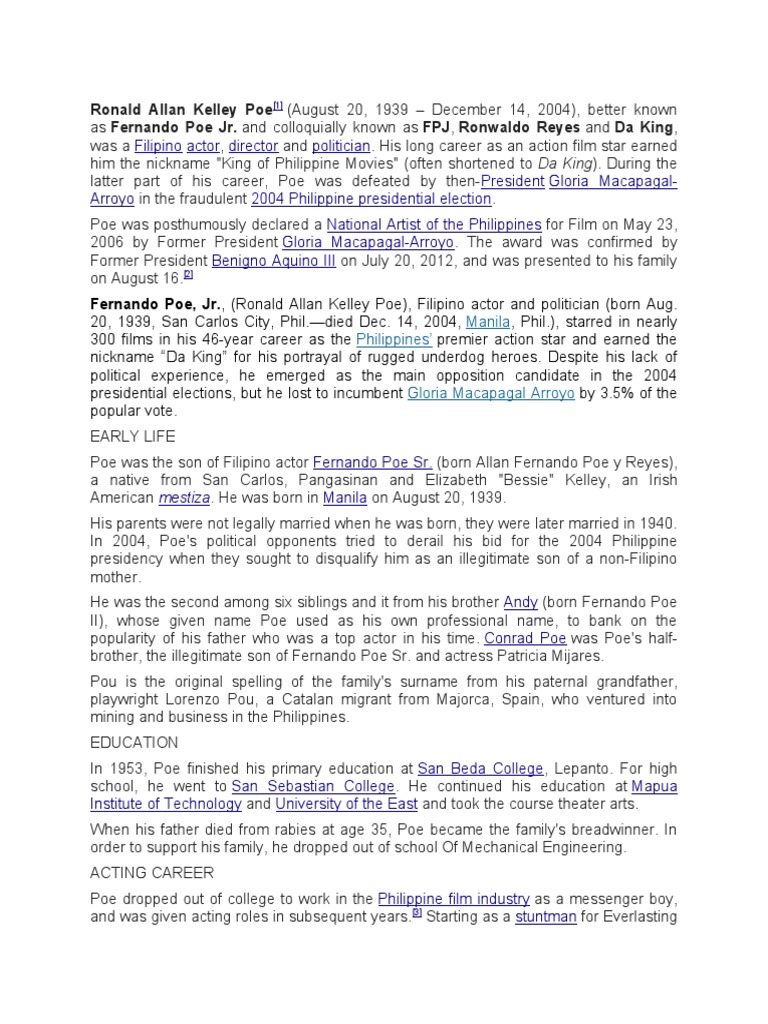 Fernando Poe, JR., (Ronald Allan Kelley Poe), Filipino Actor and ...