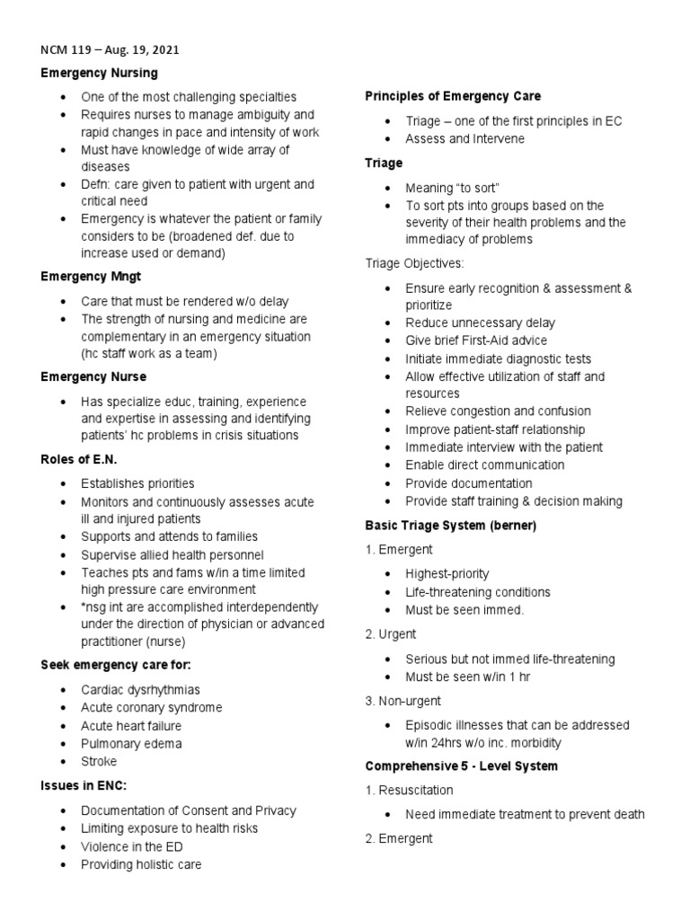 Emergency Nursing Notes | PDF | Medical Specialties | Clinical Medicine