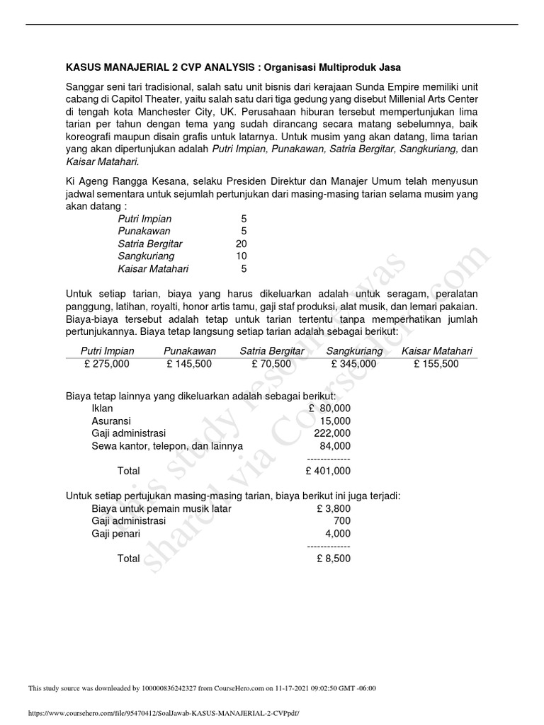 Soal Jawab Kasus Manajerial 2 CVP PDF | PDF