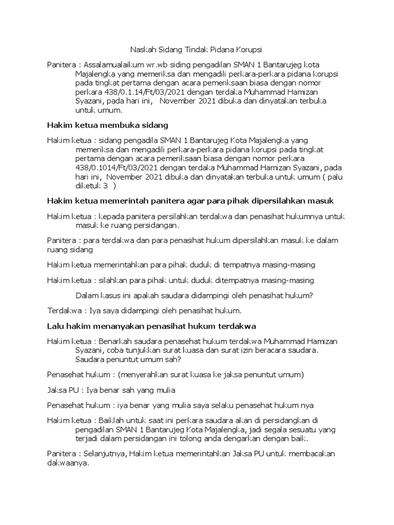 Naskah Sidang Tindak Pidana Korupsi | PDF Naskah Sidang Tindak Pidana Korupsi | PDF