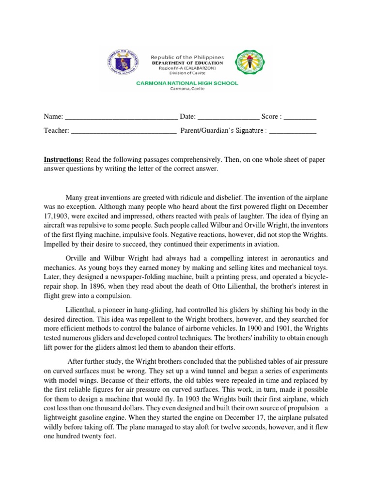 Instructions: Read The Following Passages Comprehensively. Then, On One ...