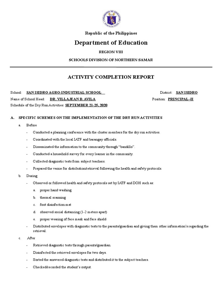 Department of Education: Activity Completion Report | PDF | Learning | Health Sciences