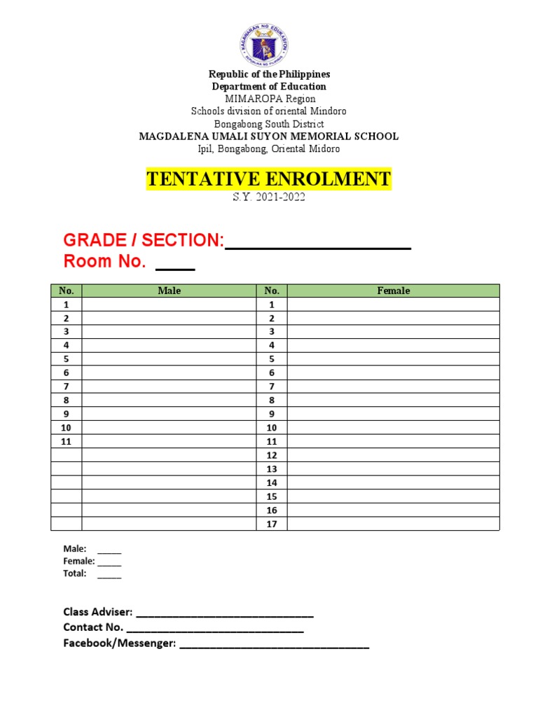 Tentative Enrolment: Grade / Section: Room No | PDF