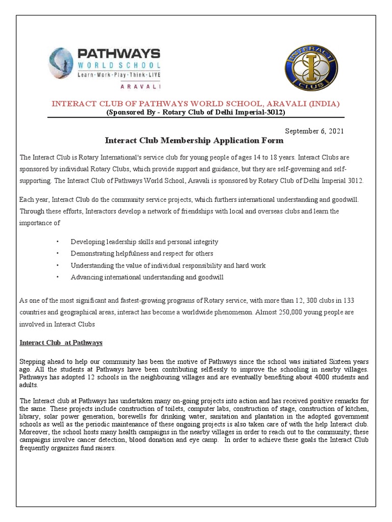 Interact Club Membership Application Form: Interact Club of Pathways ...