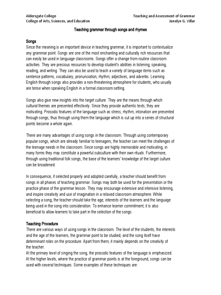 Teaching Grammar Through Songs, Stories and Characters | PDF | Teachers ...