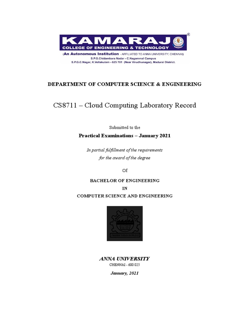 CS8711 Cloud Computing Lab Record B.E. Computer Science Engineering | PDF | Engineering | Design