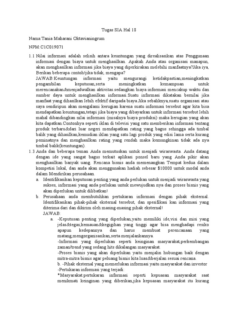 Tania Maharani - C1C019071 - Tugas SIA 1 | PDF