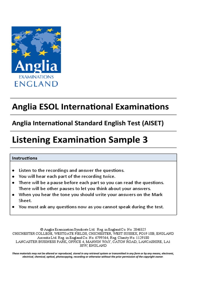 Listening Examination Sample 3: Anglia ESOL International Examinations ...