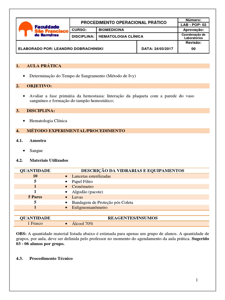 POP 02 - Tempo de Sangramento - Mtodo de IVY | PDF | Hemostasia ...